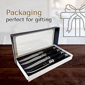 JS Gourmet Steak Knives Set of 4, Forged Stainless Steel, Serrated Steak Knife, Laguiole French Style with Crafted Black Handle, for Meats, Fish, Bread and Cheeses