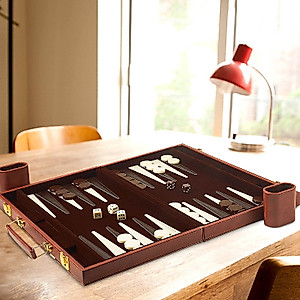 AMEROUS Backgammon Set, 15'' Folding Classic Board Game with Leather Case, Gift Package, Instruction, Portable Travel Strategy Backgammon Game Set for Adults, Kids