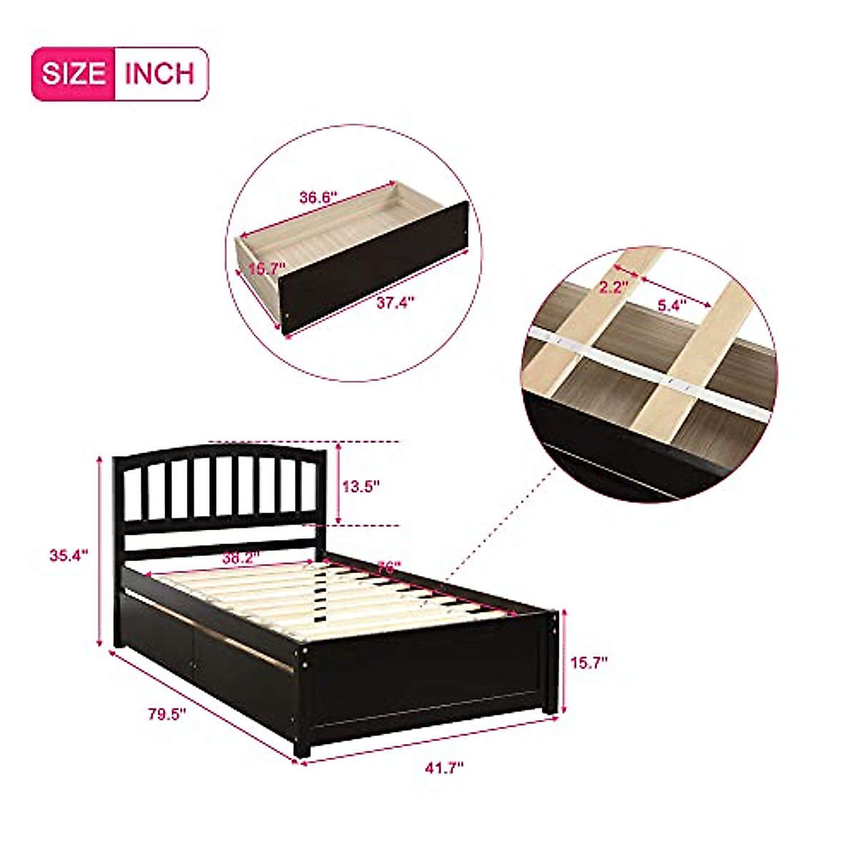 Harper & Bright Designs Twin Storage Bed Frame, Wood Platform Bed with Two Drawers and Headboard, Espresso