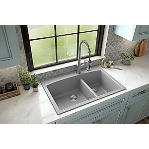 Karran QT-711 Drop-In Quartz Composite 33 in. 1-Hole 60/40 Double Bowl Kitchen Sink Kit in Grey