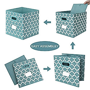 Homyfort Cube Storage Organizer Bins 12x12 - Fabric Storage Cubes Bin Foldable Baskets Square Box with Labels and Dual Plastic Handles for Shelf Closet, Nursery, Boys, Girls, Set of 6 (Teal Blue)