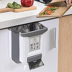 Hanging Kitchen Trash Can,Small Foldable Hanging Trash in Kitchen,Collapsible Waste Bin Trash for Cabinet/Car/Bathroom/Bedroom Trash Can Small, 2.2 Gallon,Gray