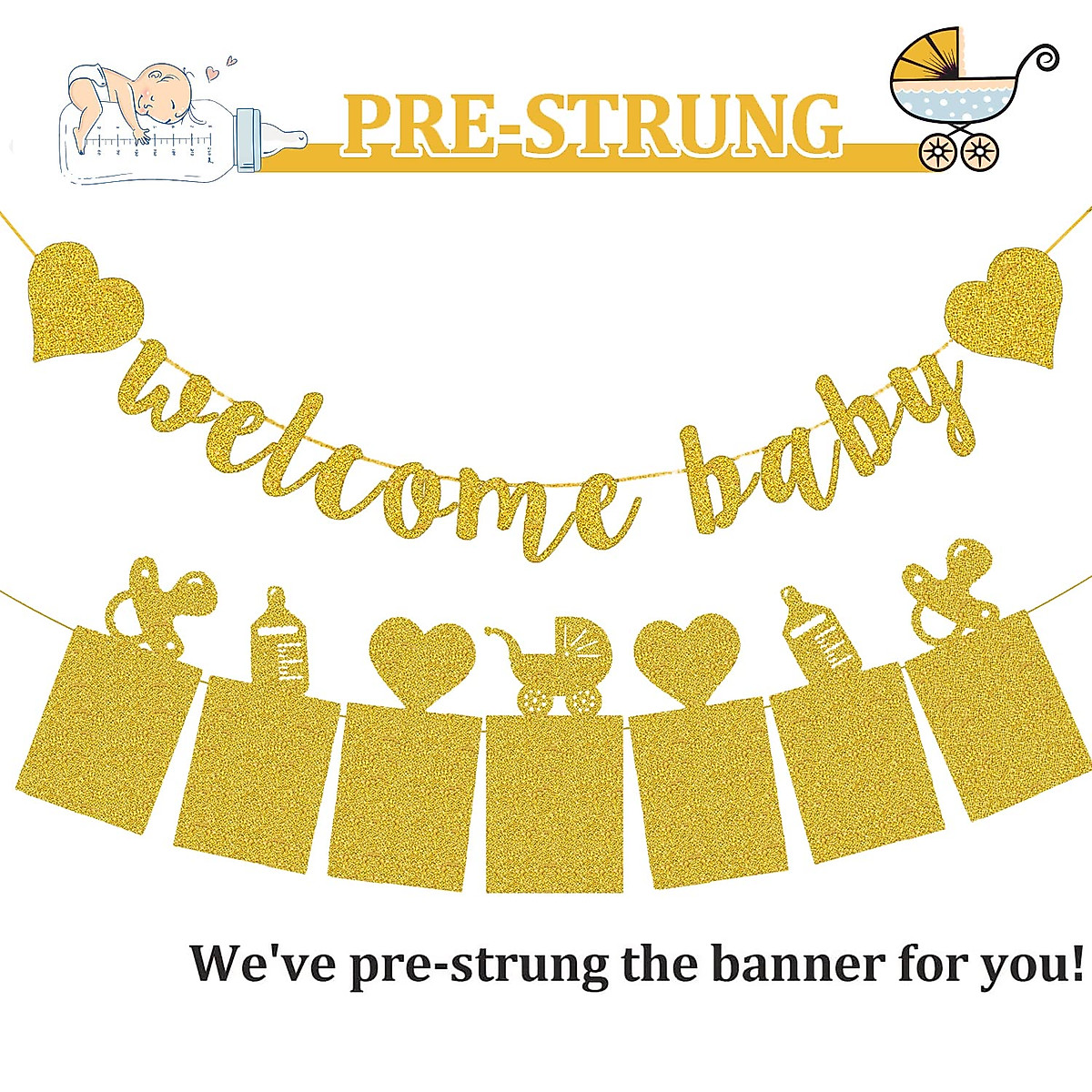 Baby Shower Decorations Gold- Welcome Baby Banner Pre-Strung & Baby Shower Photo Banner for Girls or Boys Baby Shower Gender Reveal Party Decor Supplies Baby Party Photo Booth Props