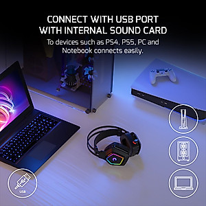 GAMEPOWER Mihawk USB Gaming Headset - 7.1 Virtual Surround Sound, Wired RGB Led Headphones with 50MM Drivers, Comfort Design, 360 Spatial Audio, Noise Cancelling Mic, PC, Laptop, Black