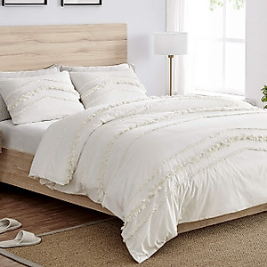 Sweet Jojo Designs Bohemian Boho Chic Ivory Macrame Tufted Tassel 3 pc. Full / Queen Size Bed Bedding Set Duvet Comforter Cover Sham Textured Minimalist Off White Cotton Fringe Farmhouse Neutral