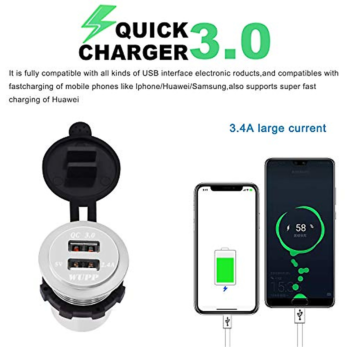 BlueFire Upgraded Aluminum Alloy Fast Charging 3.0 USB Charger Socket IP66 Waterproof Dual USB Power Outlet with QC 3.0 USB Port & 5V 2.4A Port Led Light for Car Boat Marine Rv Motorcycle (Silver)