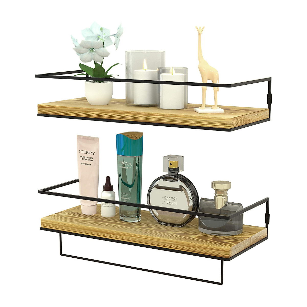 ZGO Floating Shelves for Wall Set of 2, Wall Mounted Storage Shelves with Metal Frame and Towel Rack for Bathroom, Kitchen, Bedroom(Wood)
