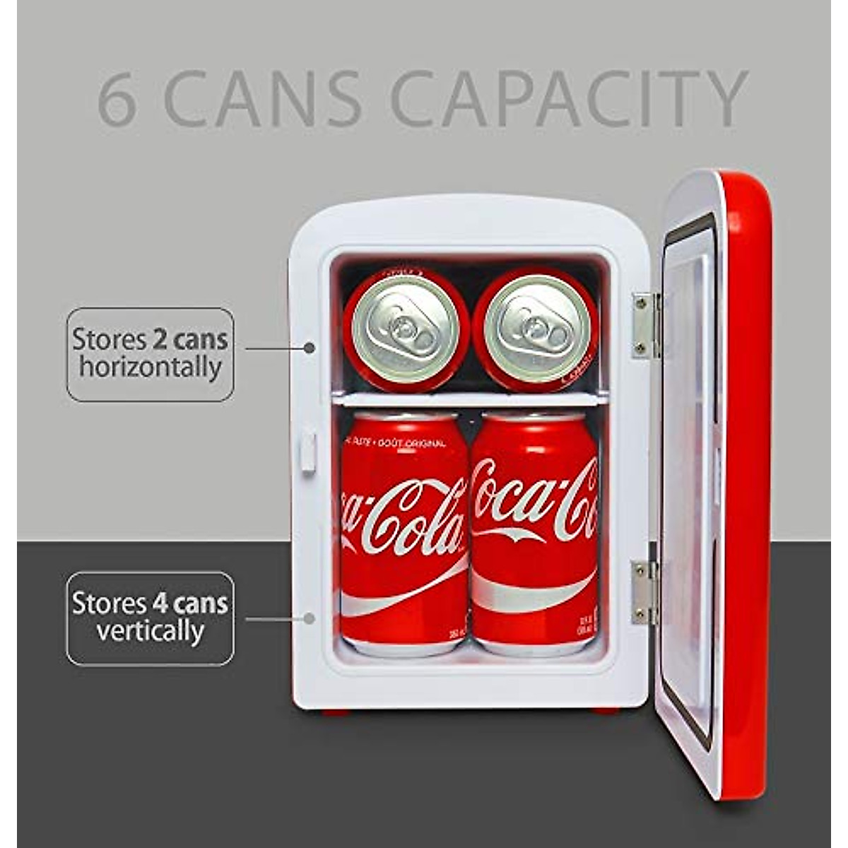 Coca-Cola Classic Coke Bottle 4L Mini Fridge w/ 12V DC and 110V AC Cords, 6 Can Portable Cooler, Personal Travel Refrigerator for Snacks Lunch Drinks Cosmetics, Desk Home Office Dorm, Red