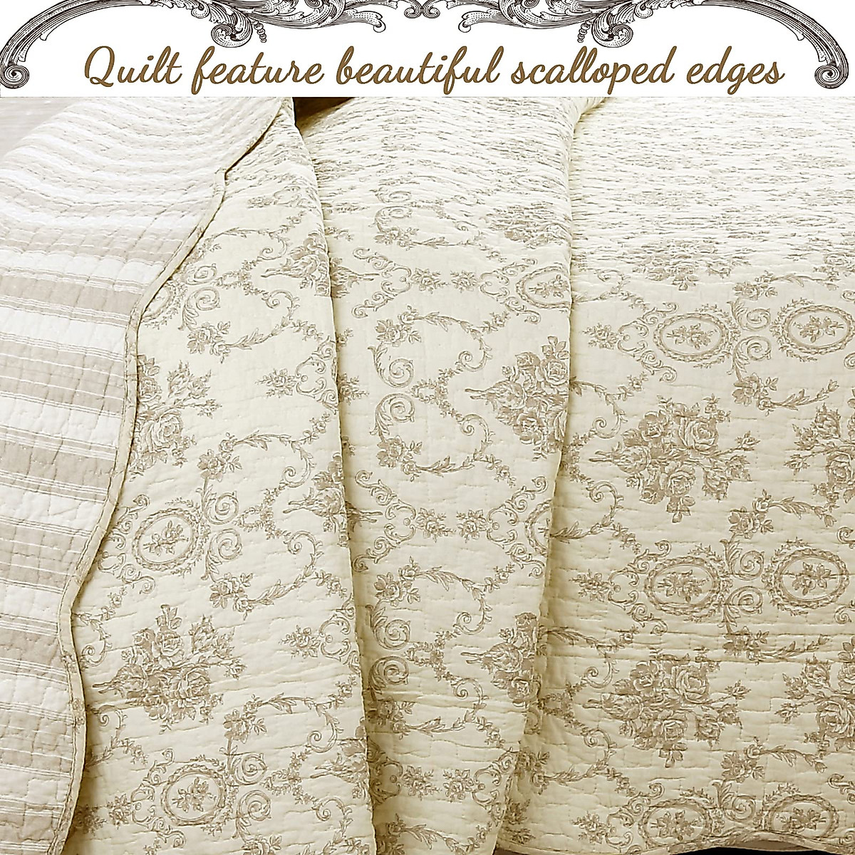 Cozy Line Home Fashions French Medallion 100% Cotton Bedding Quilt Set, Beige Ivory Rose Flower Reversible Coverlet Bedspread (Cream Eggnog, King - 3 Piece)