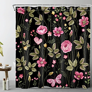 LB Watercolor Floral Shower Curtain for Bathroom, Pink Flower Butterfly and Sage Green Leaf on Black Fabric Shower Curtain with Hooks, Nature Plant Botanical Bathroom Curtain Shower Set, 72"W x 78"L