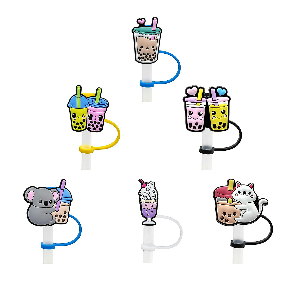 Cute Straw Covers Cap, Dust-Proof Straw Toppers, Reusable Drinking Straw Cover, Splash Proof Straw Caps, Portable Silicone Straw Tip Covers Decoration(6 Pcs Mixed Style)