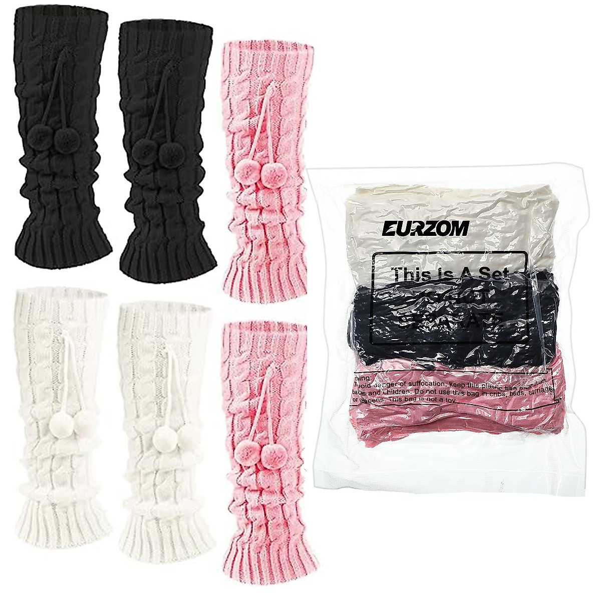 Eurzom 3 Pairs Kawaii Winter Knitted Leg Warmers Knee High Loose Socks Japanese Style Leg Warmers For Girls Women (White, Pink, Black, Wool Balls)