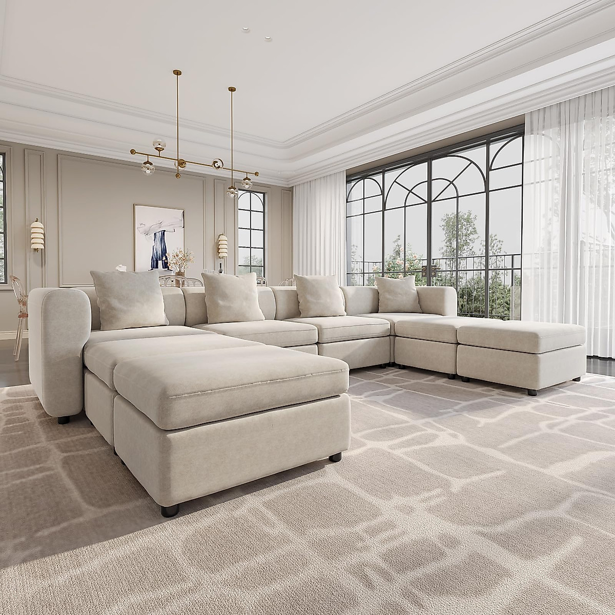 HOTICKME 149.6" Velvet Sectional Sofa with 4 Pillows, 8 Seaters Sofa Couch for Living Room, Convertible U-Shaped Couch with Cushions, Oversized Sectional Sofa with 4 Storage Ottoman, Beige