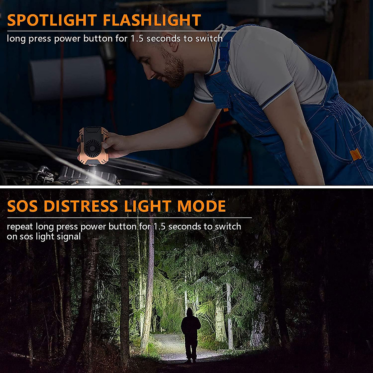 Cof 4-in-1 Waist Clip on Fan Portable Personal Fan, USB Mini Necklace Fan, 3 Speeds, 5000mAh Rechargeable Battery Operated Fan for Outdoor Camping with LED SOS Function