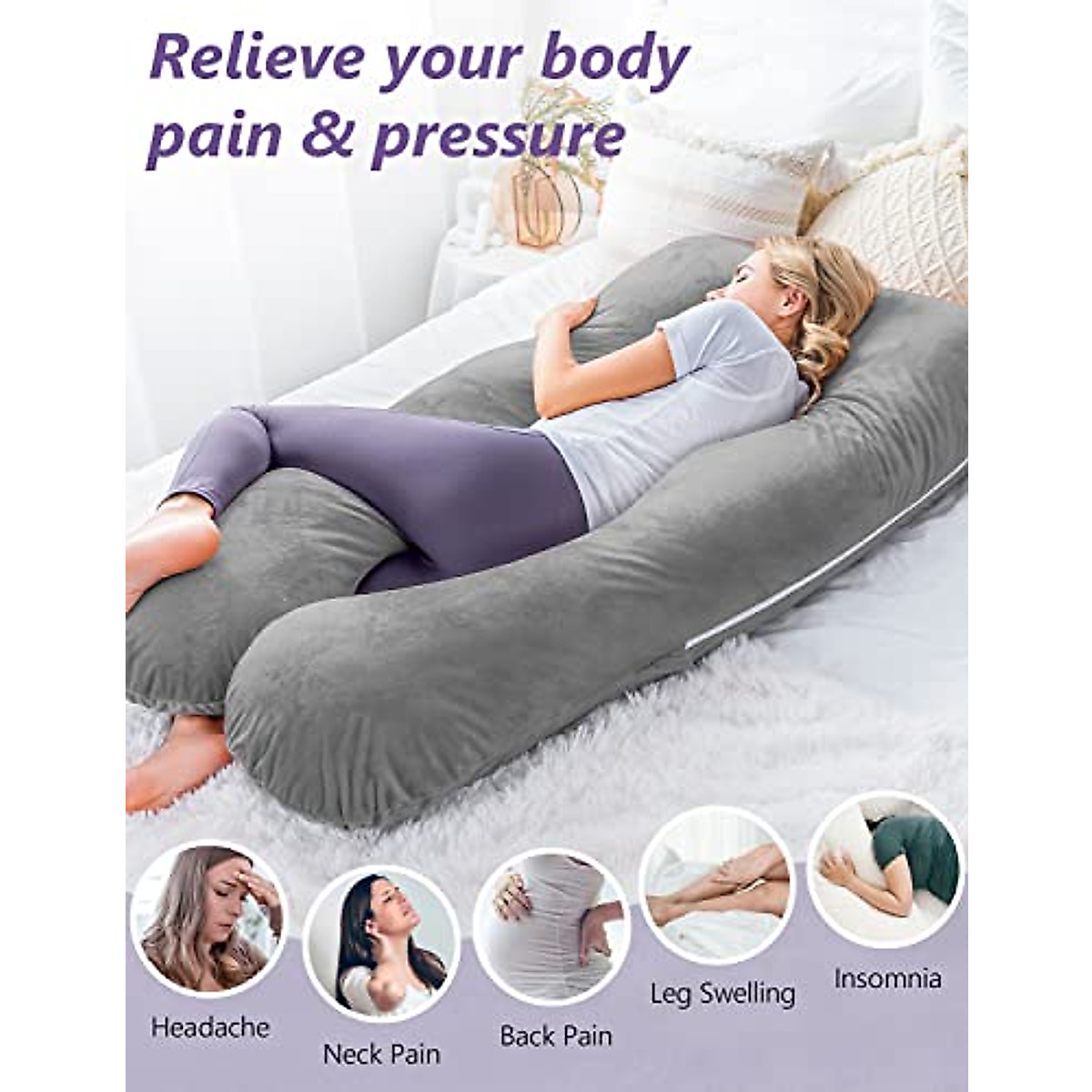 Meiz Pregnancy Pillow, U Shaped Pregnancy Body Pillow with Zipper Removable Cover (Gray- Velvet)