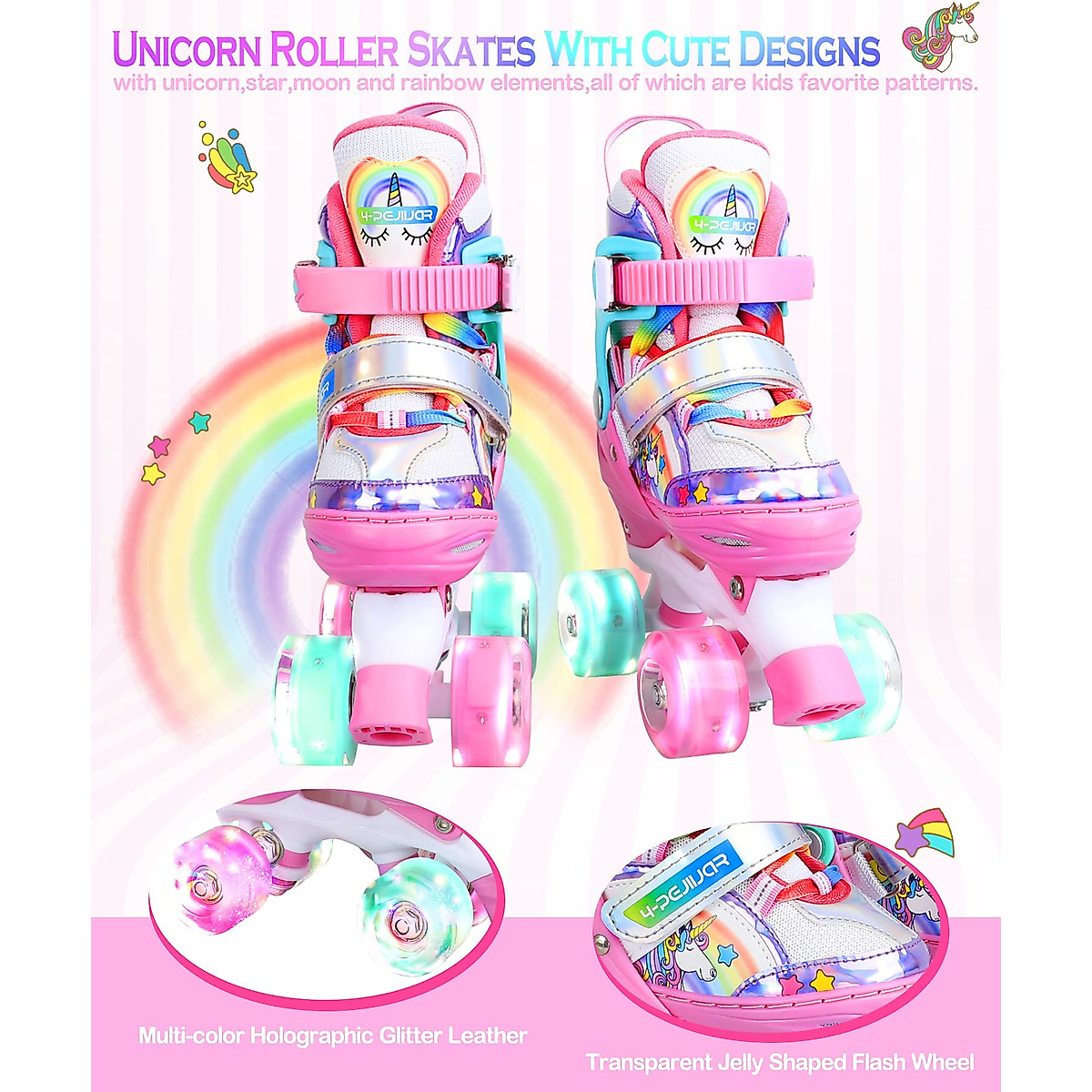 Rainbow Unicorn Kids Roller Skates for Girls Boys Toddler Ages 2-4,4-Pejiijar Adjustable Roller Shoes with Luminous Wheels for Birthday Xmas Gifts.