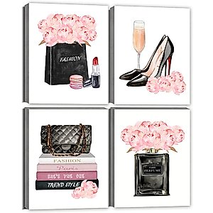 Pink Makeup Room Wall Art Fashion Perfume Flowers Handbag Poster Pictures Canvas Prints Framed for Women Bedroom Rose Gold Room Decor