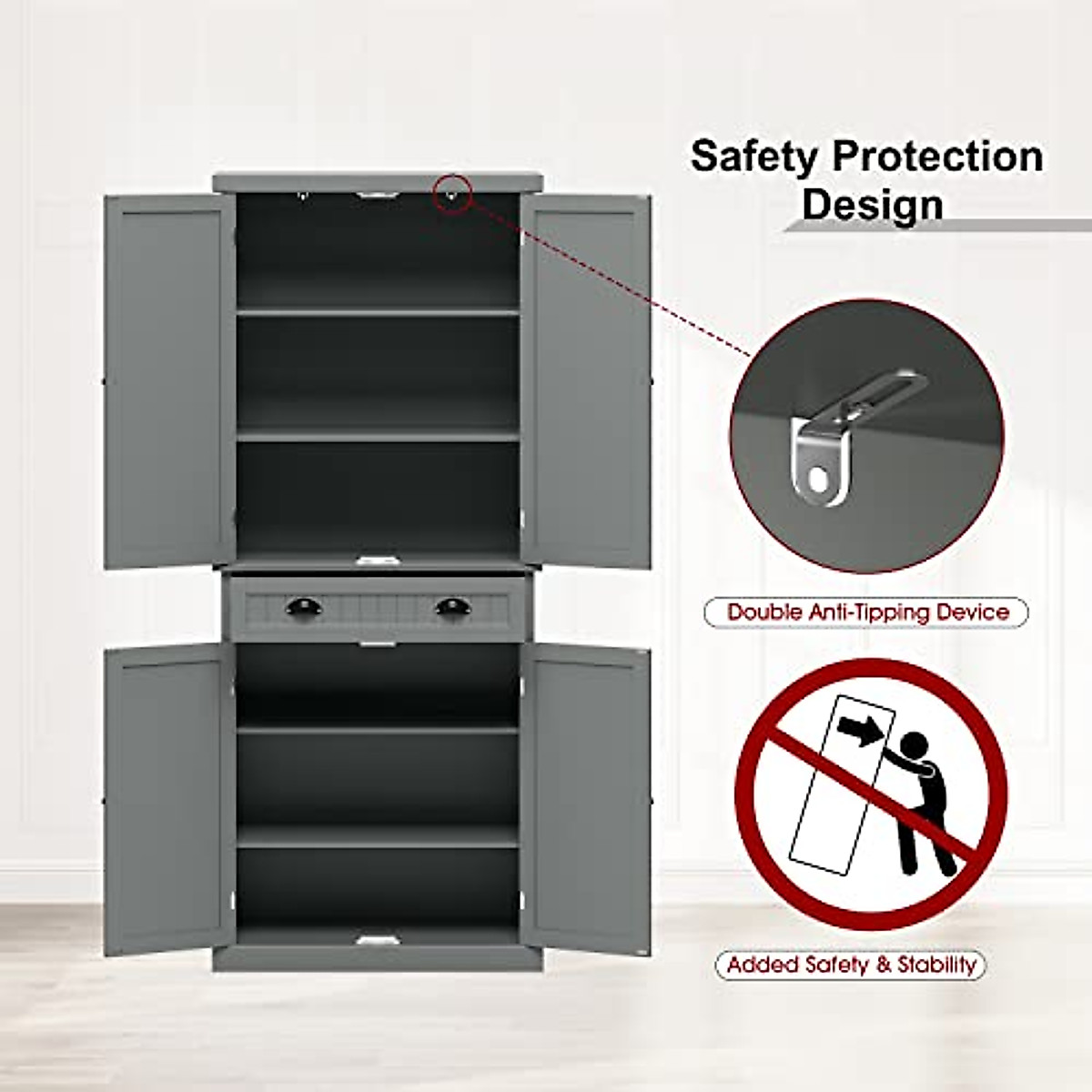 Function Home 72" Kitchen Pantry Cabinet, Tall Storage Cabinet, Freestanding Cupboard with Drawer and Adjustable Shelves, Pantry Cabinets for Kitchen Bathroom Living Room, Grey