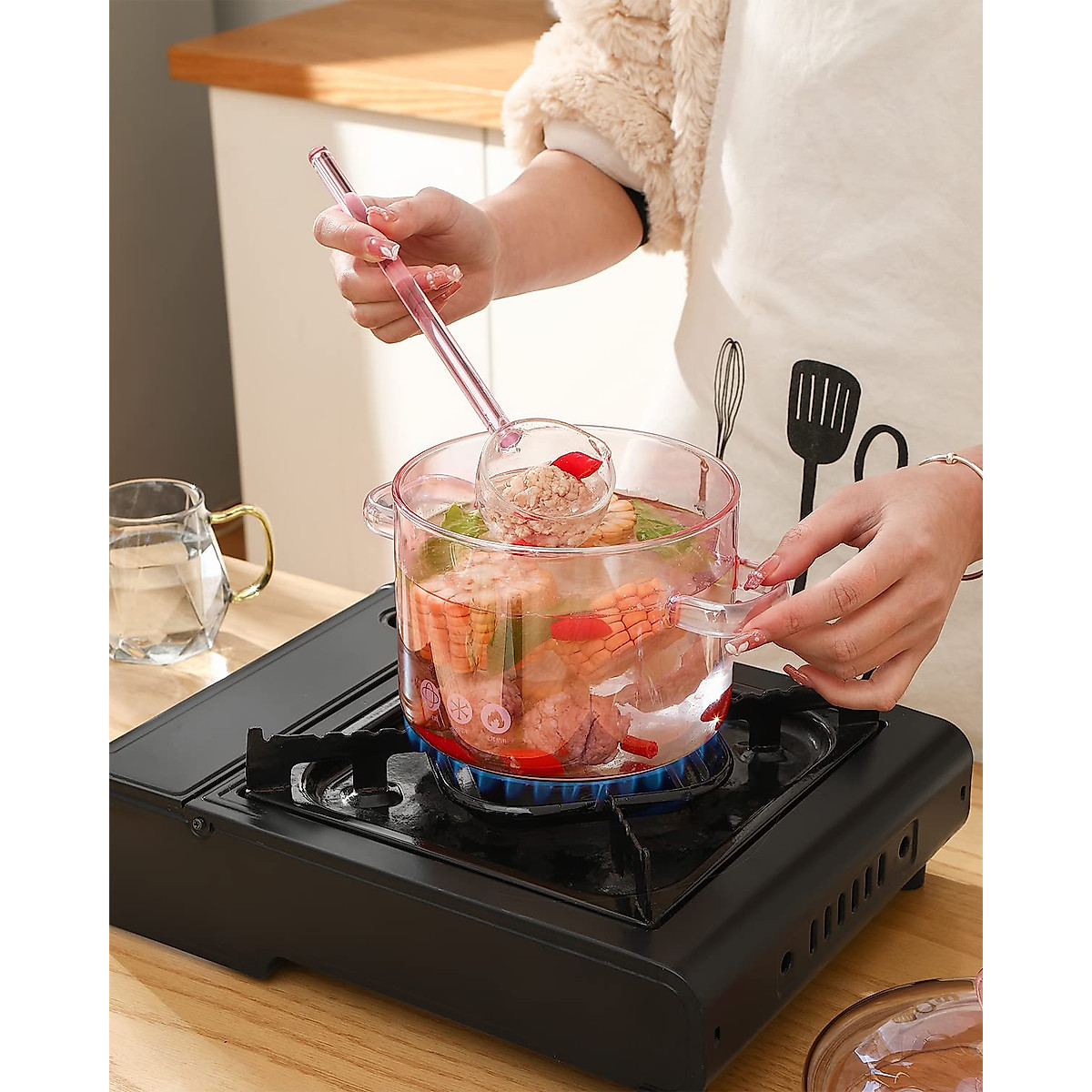 Glass Soup Ladle, Pink, Glass Ladle, Glass Spoon, Soup Ladles for Serving, Ladel, Heat Resistant, Easy Cleaning, Borosilicate Glass Material