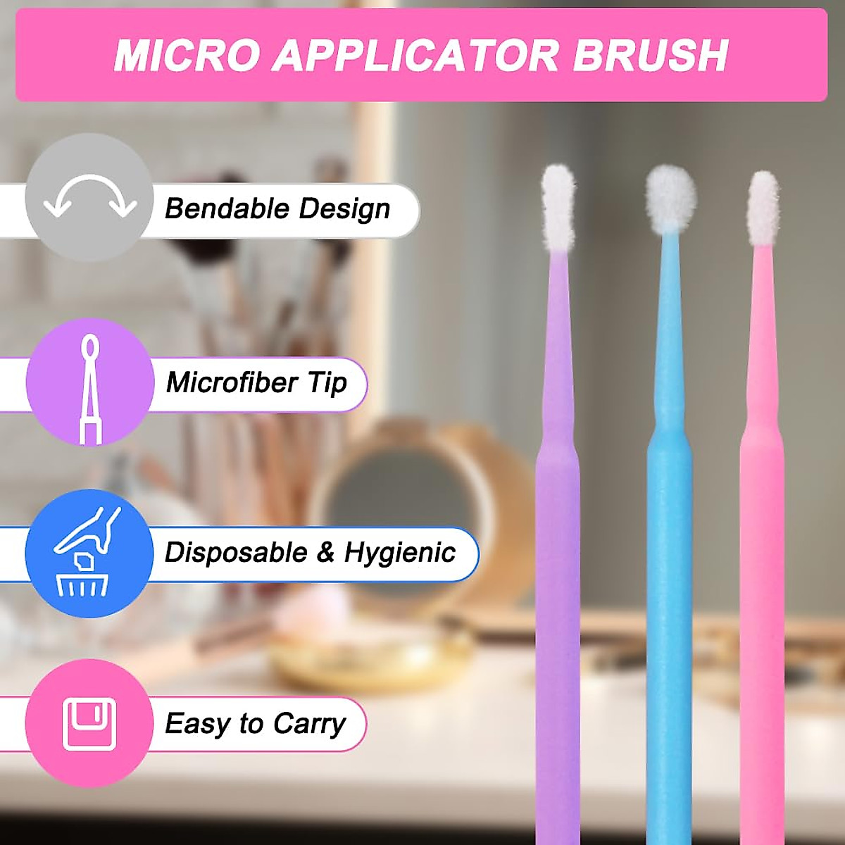 Shintop 300pcs Micro Applicator Brushes, Disposable Eyelash Extension Brushes for Makeup, Oral and Dental (Purple+Blue+Pink)