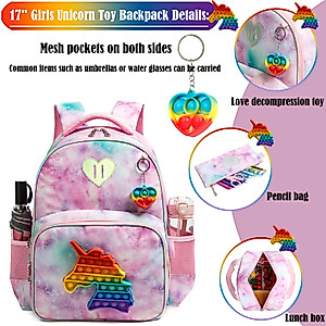 Egchescebo POP Fidget Backpack for Girls Large 17" Unicorn Toy Backpacks School 3PCS Elementary Fidget Backpack Set with Lunch Box Suitable Girls Backpacks for Travel School Mochila Para Niñas