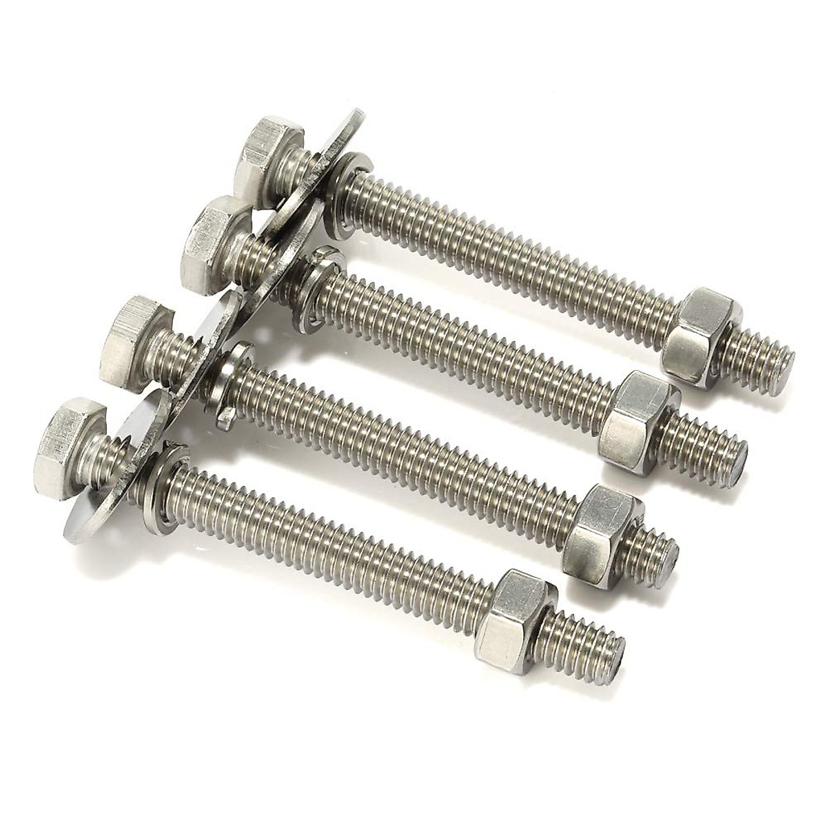 1/4-20 x 4 Hex Head Bolts with Hex Nuts and Thick Flat & Lock Washers, Fully Threaded, Stainless Steel 18-8, Plain Finish, 8 Sets