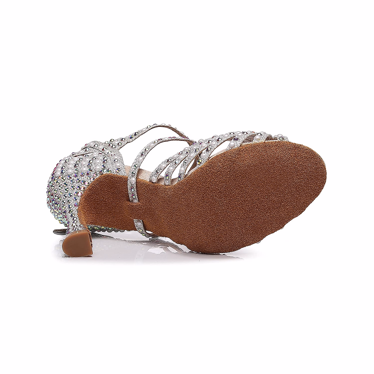 Goettin Latin Dance Shoes Salsa Wedding High Heel Shoes 3.35 inch Suede Sole Rhinestone Pumps Pearl Decoration for Women
