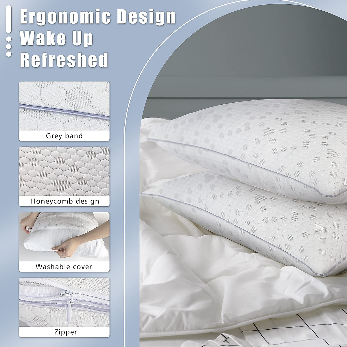 HIMOON Shredded Memory Foam Pillows, Medium Firm King Size Pillows 2 Pack,Couples Bed Pillows for Side Back Stomach Sleepers Set of 2