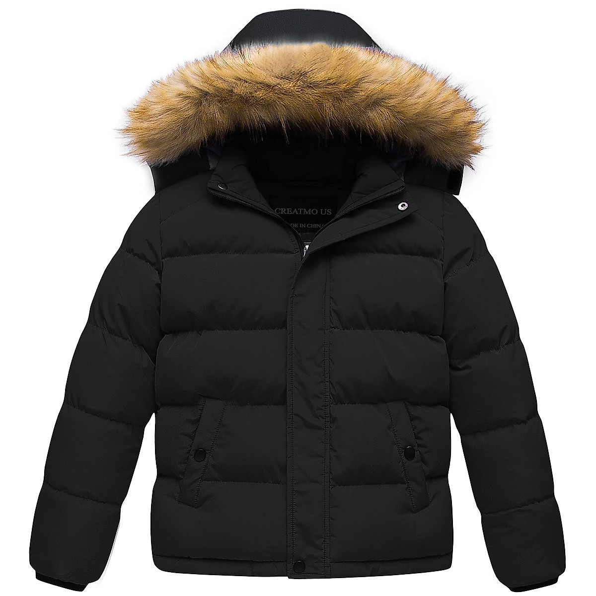 CREATMO US Boy's Padded Winter Coat Windproof Puffer Jacket With Removable Hood Black 14/16