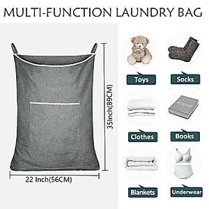 KINGSUSLAY Laundry Hamper, XL Hanging Hamper with Large Openging,Space Saving Storage Bag,Over the Door Hamper with Haning Hooks（36"x 22", Heath Grey)