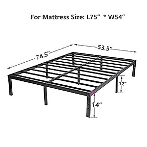 QUALEONA Full Bed Frame, 14 Inches Platform Bed Frame, 3500lbs Heavy Duty Steel Slat Anti-Slip Support, No Box Spring Needed, Noise Free, Easy Quick Assembly, Underbed Storage Space, Black