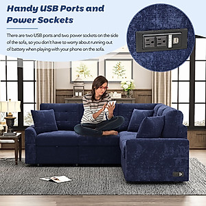 Pull Out Couch Sectional Sleeper Sofa Couch with Pull Out Bed Convertible Sofa Bed with USB Ports and Power Sockets L Shaped Couch for Living Room, Navy Blue