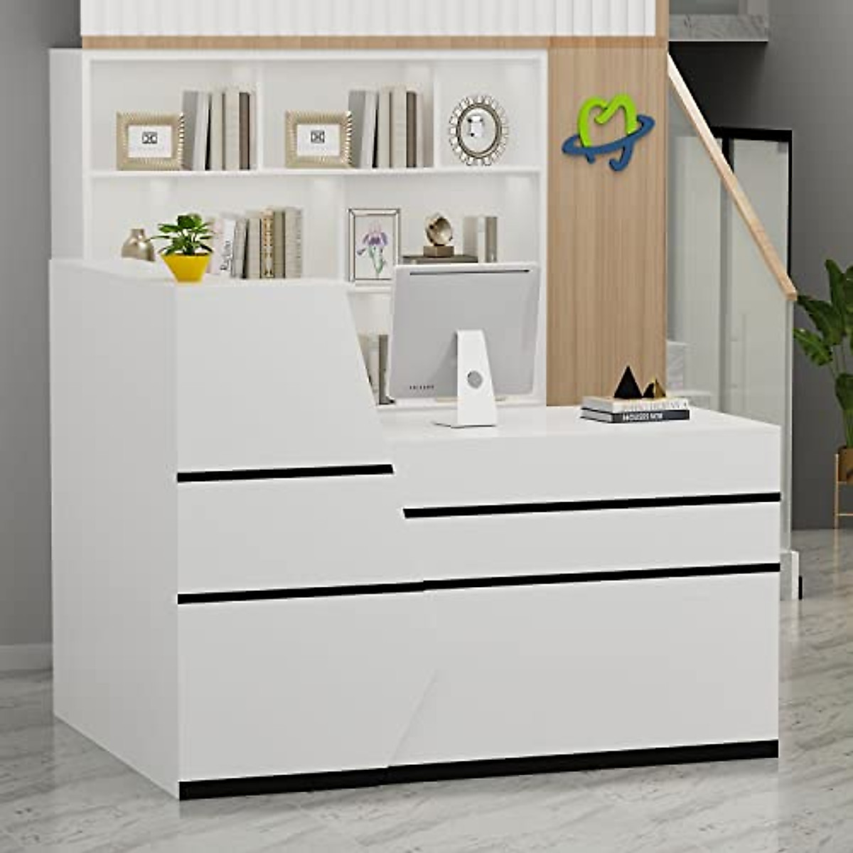 FAMAPY Modern Reception Desk Counter Desk for Retail & Checkout, Front Counter Table, L-Shaped, Black Tapes, Large Storage, for Office Boutique Lobby White (55.1”W x 23.6”D x 43.3”H)