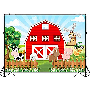 Avezano Farm Red Barn Backdrop for Kids Party Cartoon Farm Animals Birthday Party Photoshoot Photography Background Farm Theme Party Cake Table Banner Photobooth Decorations (7x5ft)