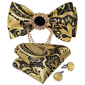 DiBanGu Shiny Black Gold Self Bow Tie for Men Jacquard Woven Paisley Bow Tie Pocket Square Cufflinks Lapel Pin Wedding