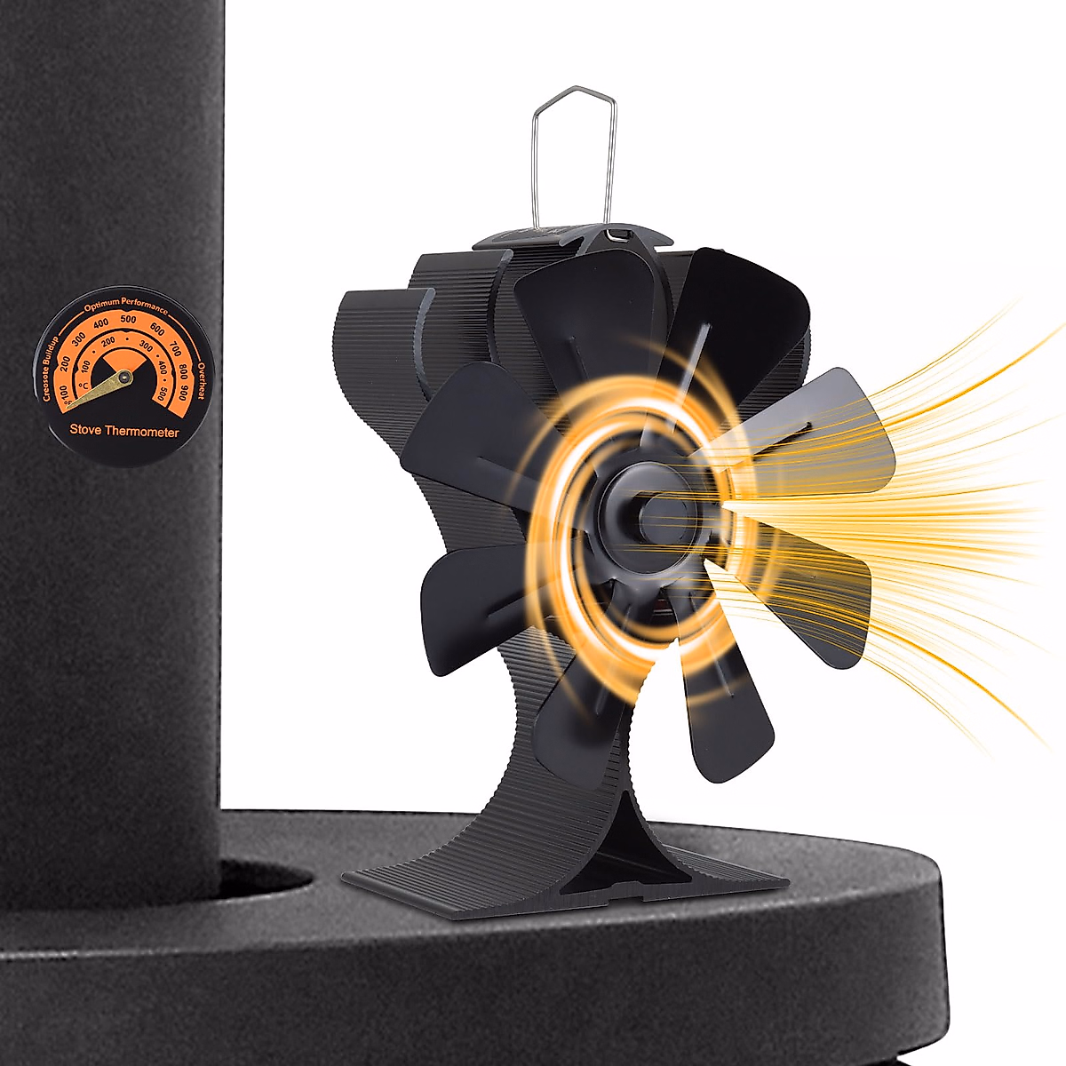 ELUTENG Wood Stove Fan 8 Blades Heat Powered Stove Fan Silent Fireplace Fan with Magnetic Thermometer Quickly Warm Air Stove Fanfor Home Wood, Log Burner, Fireplace (Black)