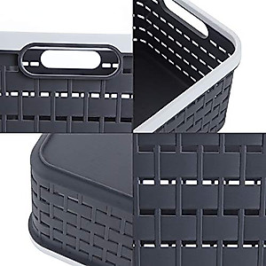5Pack Plastic Storage Basket Dark Gray, Desktop Weave Baskets with Handle, Portable Bathroom Open Storage Bin, Small Plastic Containers Shelf Brackets for Shelves Countertop Kitchen Cabinet Office
