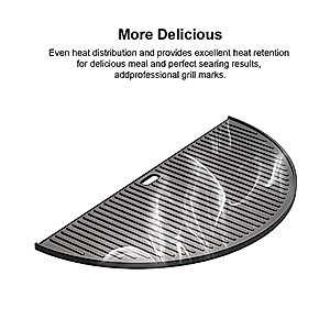18" Half Moon Cast Iron Reversible Griddle for Kamado Joe KJ-23RHC Classic II, KJ23NRHCI Classic III, KJ23RH Classic I, Stand-Alone Classic, Large Big Green Egg, Kamado Grill Replacement Part