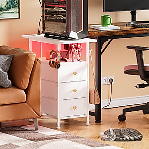 GipGiper End Table with Charging Station, Narrow Side Table with 3 Fabric Drawers and Shelf, Skinny Nightstand with LED Light, Slim Bedside Table for Bedroom, Living Room, Small Spaces, White