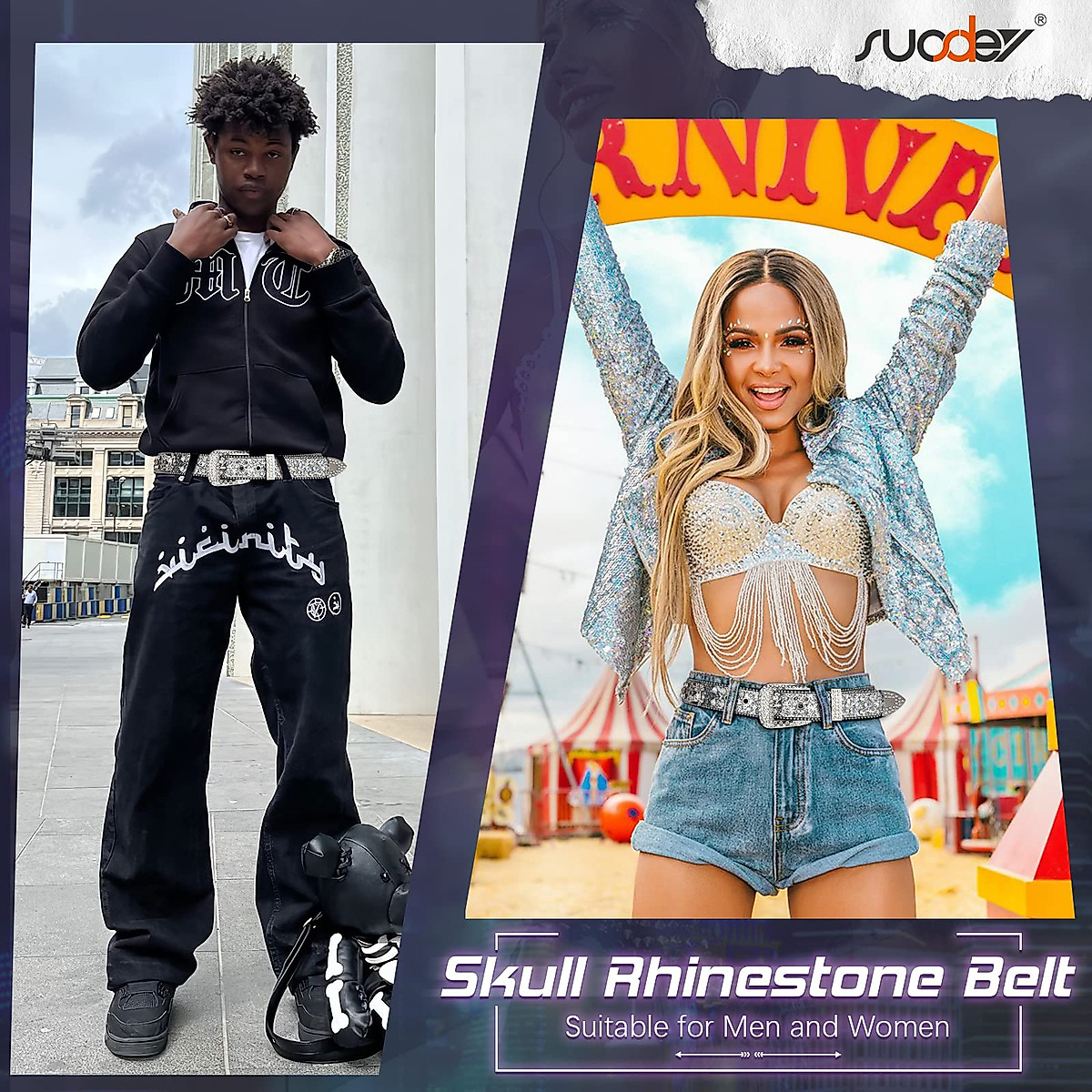 SUOSDEY Skull Rhinestone Belt for Men Women Sparkly Bling Diamond Sequin Studded Belt Western Cowgirl Cowboy Belt, Silver