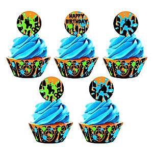 Paintball Cupcake Toppers and Cupcake Wrappers - 24 Cupcake Toppers and 24 Cupcake Wrappers - Paintball Party Decorations - Paintball Party Supplies - Airsoft Party Decorations - Cupcake