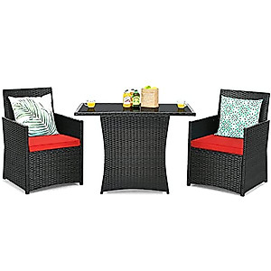 LUKEO 3PCS Patio Rattan Furniture Set Cushioned Sofa Armrest Garden Deck Red Suitable for Patio, Porch, Garden and Balcony, Etc