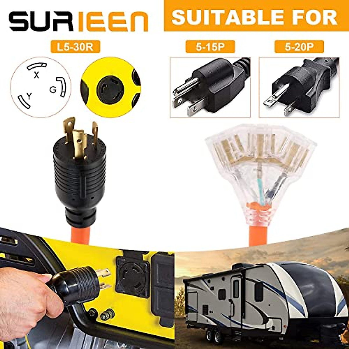 SURIEEN 30 Amp to 15 Amp Adapter Generator Power Cord, 3 Prong NEMA L5-30P Male Plug to 3X 5-20R/5-15R Female, Connectors Adapter Cord with Lighted End, 1.5 FT