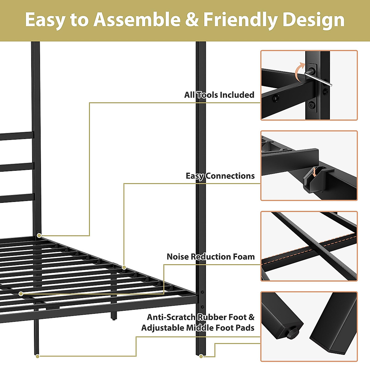 SUPER DEAL Metal Canopy Bed Frame Queen Size Four Poster Bedframe with Built-in Headboard 14 Inch Platform Mattress Foundation Sturdy Slatted Structure No Box Spring Needed Easy Assembly, Black