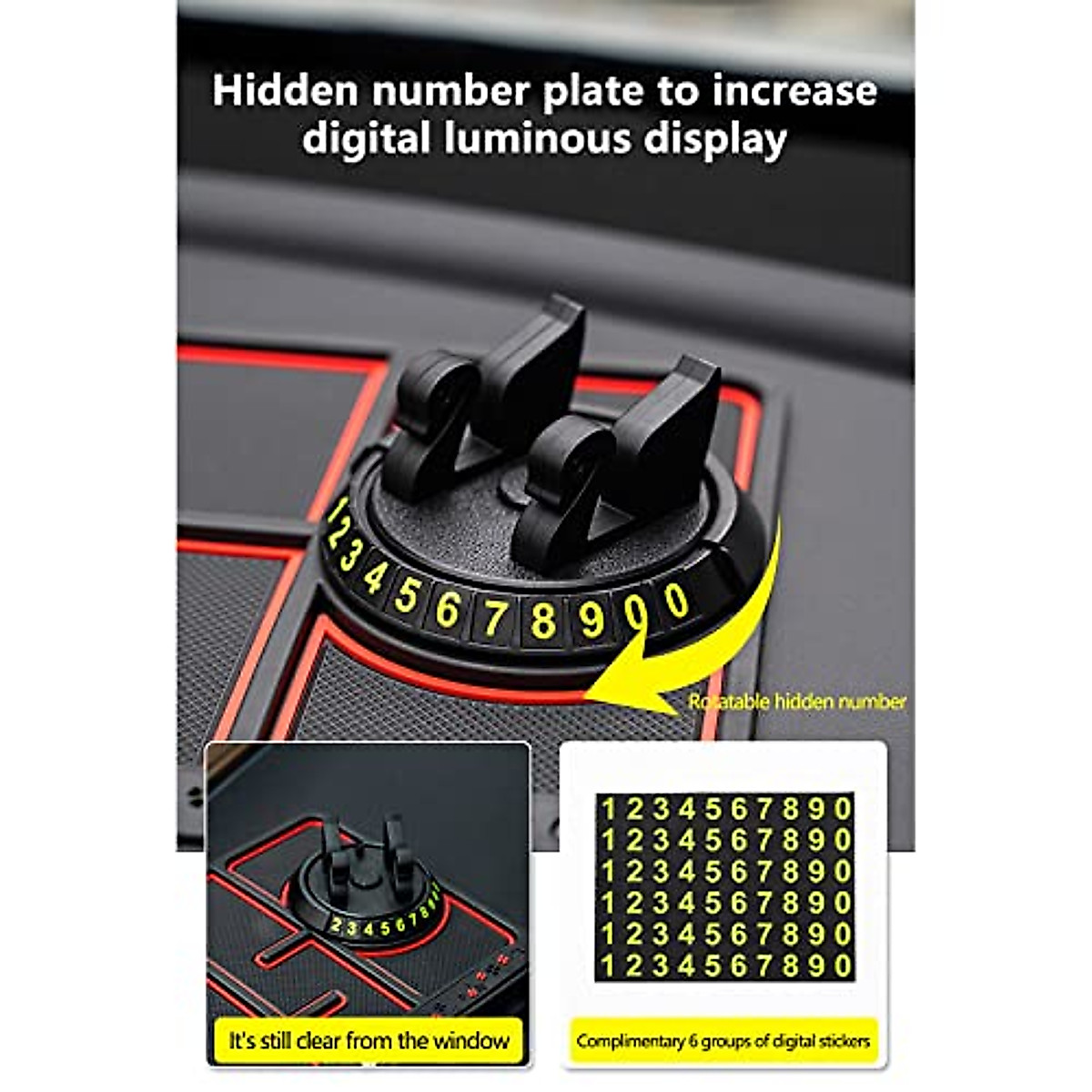 Non-slip Phone Pad for 4-in-1 Car, 2023 New Cool Glow in the Dark Car Dashboard Phone Mat with Temporary Car Parking Card Number Plate and Aromatherapy, Anti-shake Pad Universal Phone Holder (Red)