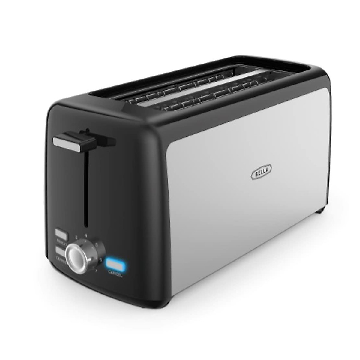 BELLA 4 Slice Toaster, Long Slot & Removable Crumb Tray, 7 Shading Options with Auto Shut Off, Cancel & Reheat Button, Toast Bread & Bagel, Stainless Steel & Black
