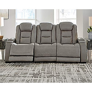 Signature Design by Ashley The Man-Den Leather Power Reclining Sofa with Adjustable Headrests & Wireless Charging, Gray