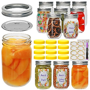 Encheng 12oz Regular Mouth Mason Jars with Lids and Bands,Clear Glass Canning Jars with Metal and Plastic Lids for Preserving,Meal Prep,Food Storage,Jam,Fermenting,Set of 12