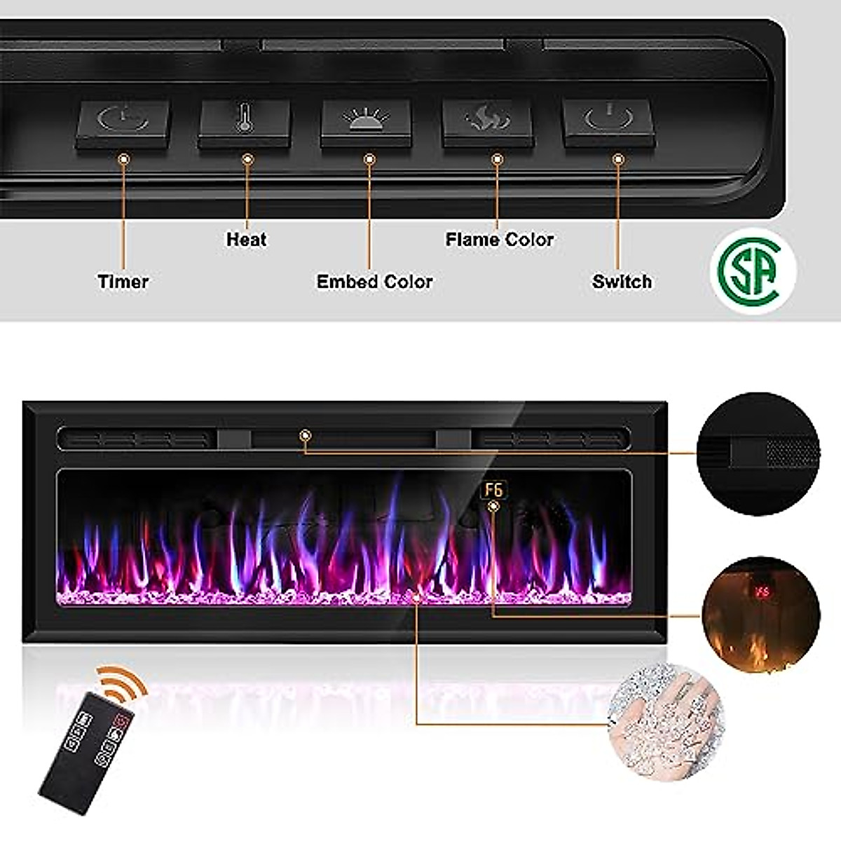 Hocookeper 37 inch Electric Fireplace, Wall Mounted and Recessed Fireplace Linear Fireplace Insert with Remote Control, Adjustable Flame Colors, Timer,750w/1500w, Black