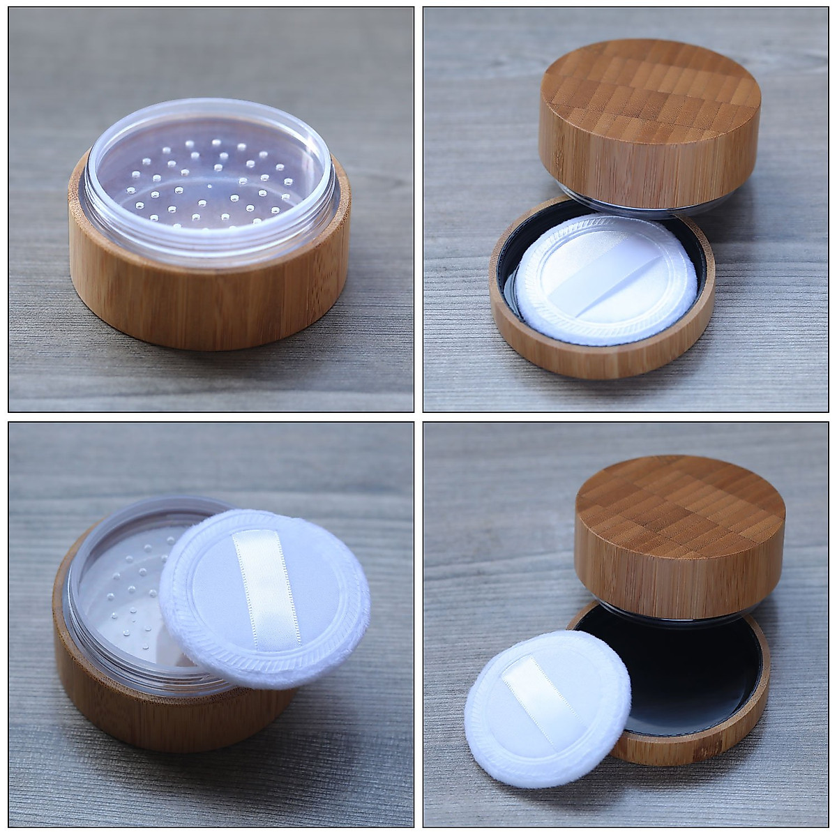 Frienda 30 ml Empty Loose Powder Container Bamboo Cosmetic Makeup Loose Powder Box Case Holder with Sifter Lids and Puff